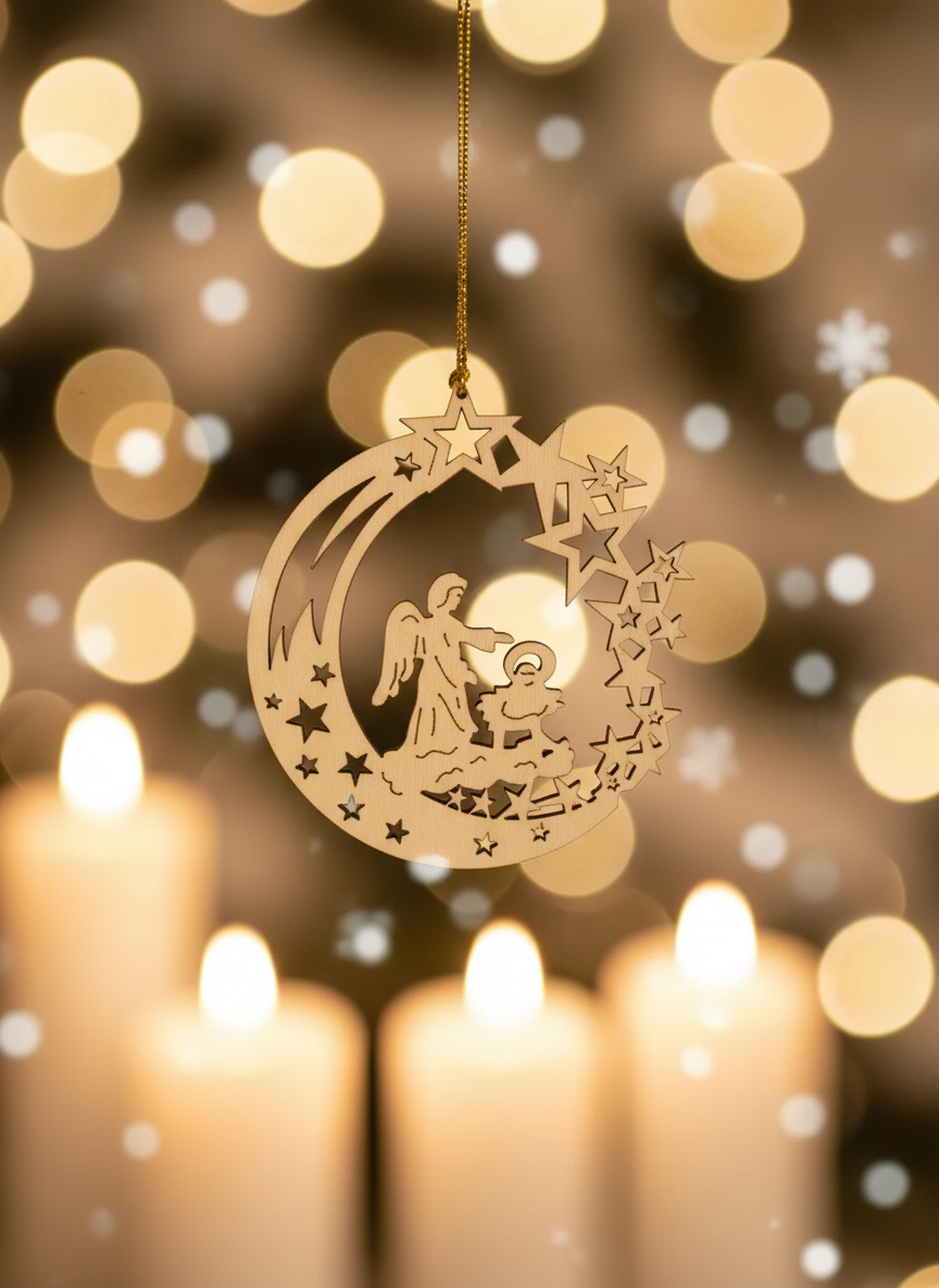 Angel & Manger Ornament | Laser Cut Wood – Hand Carved Gifts